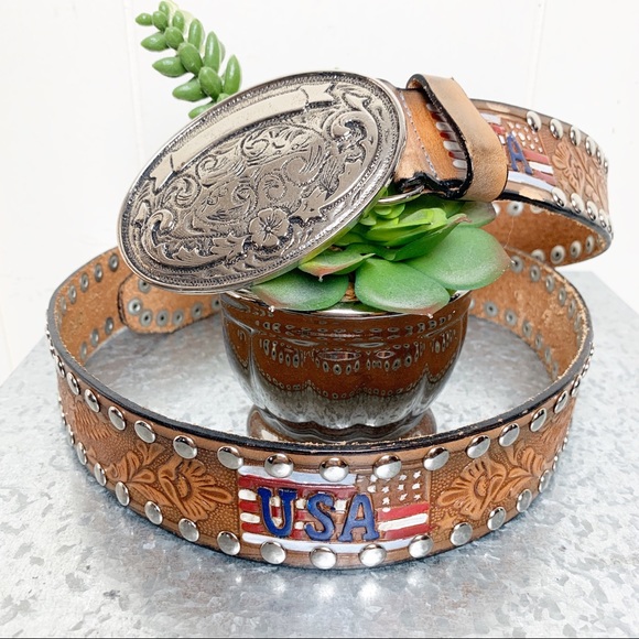 Vintage | Accessories | Vintage Leather Hand Tooled Studded Usa Stars ...